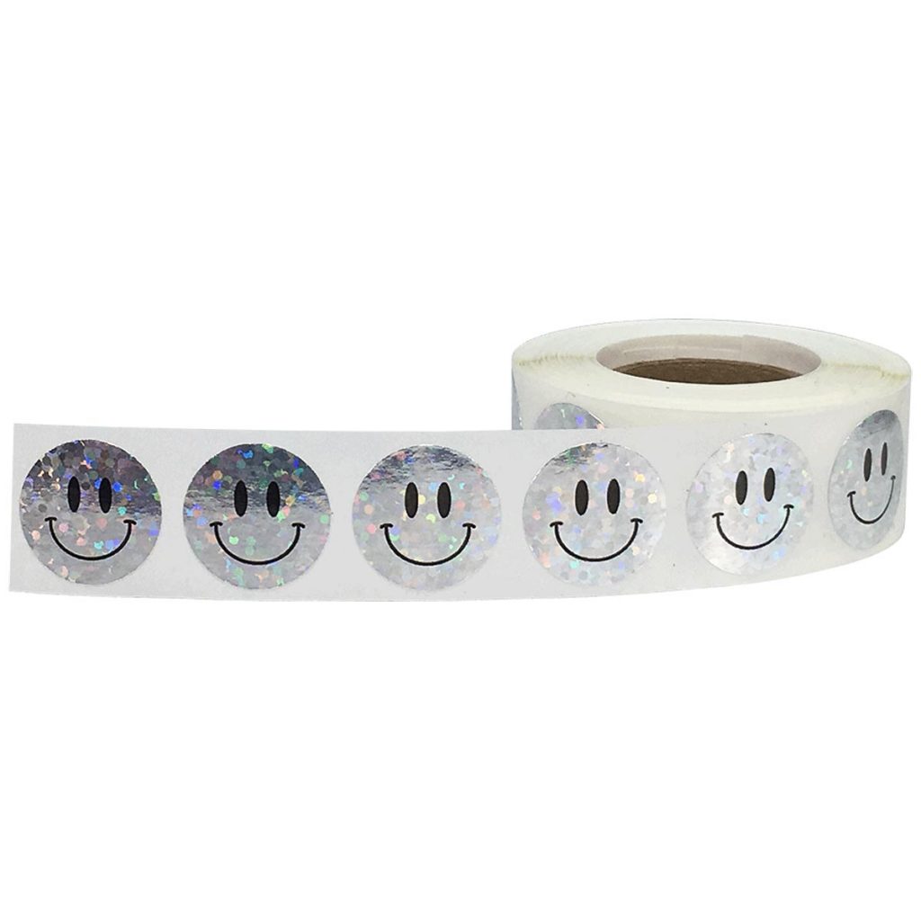 Metalized Sparkle Silver Smiley Face Stickers 3/4" | InStockLabels.com